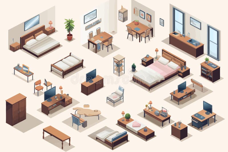 Rooms Interior Set Isometric Vector Flat Isolated Illustration Stock ...