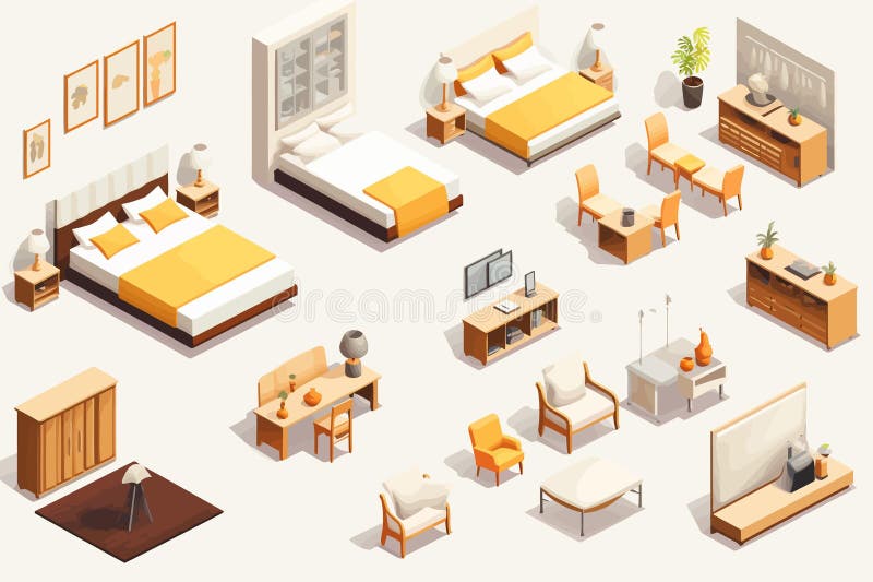 Rooms Interior Set Isometric Vector Flat Isolated Illustration Stock ...