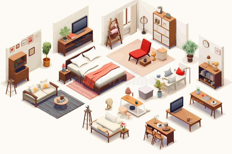 Rooms Interior Set Isometric Vector Flat Isolated Illustration Stock ...