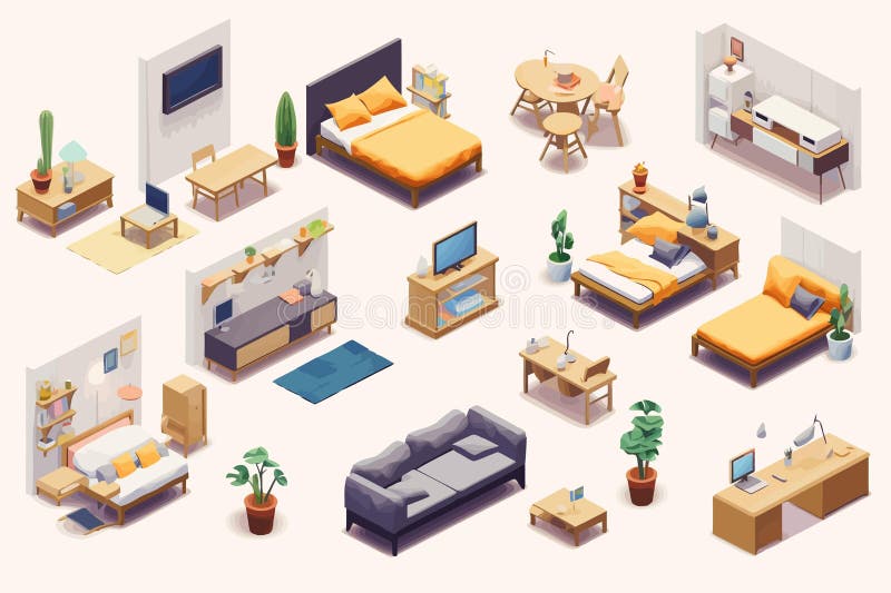 Rooms Interior Set Isometric Vector Flat Isolated Illustration Stock ...