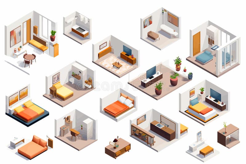 Rooms Interior Set Isometric Vector Flat Isolated Illustration Stock ...