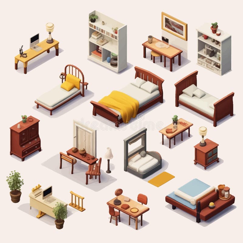 Rooms Set Isometric Vector Flat Minimalistic Isolated Illustration ...