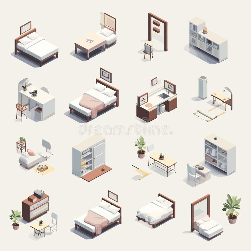 Rooms Set Isometric Vector Flat Minimalistic Isolated Illustration ...