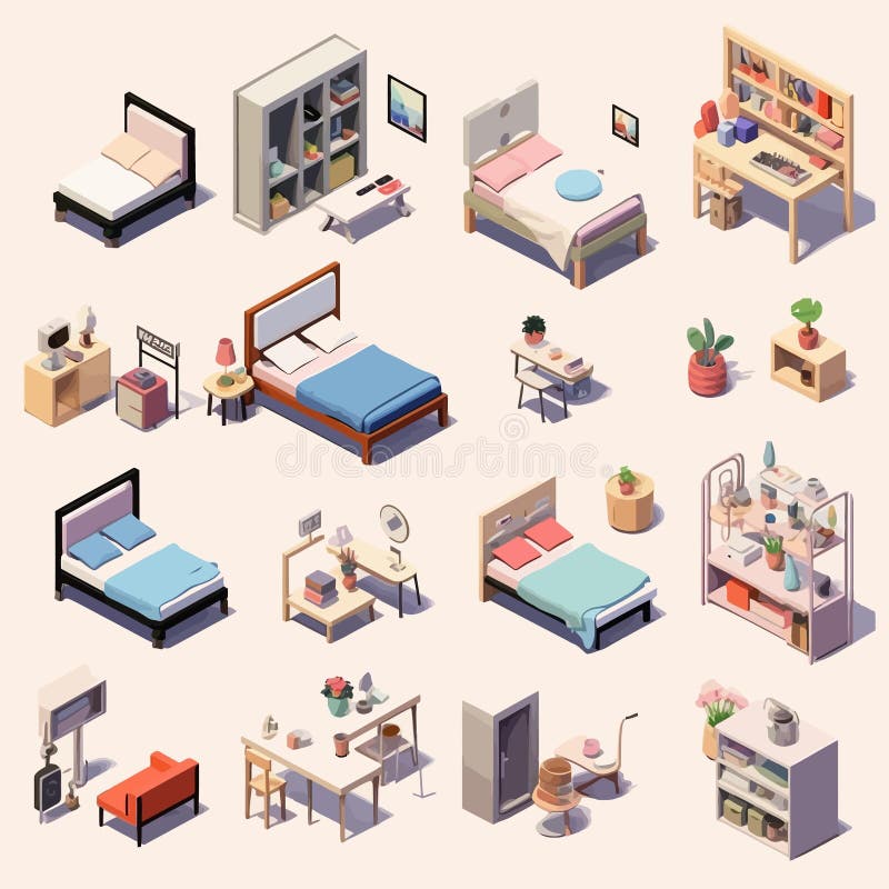 Rooms Set Isometric Vector Flat Minimalistic Isolated Illustration ...