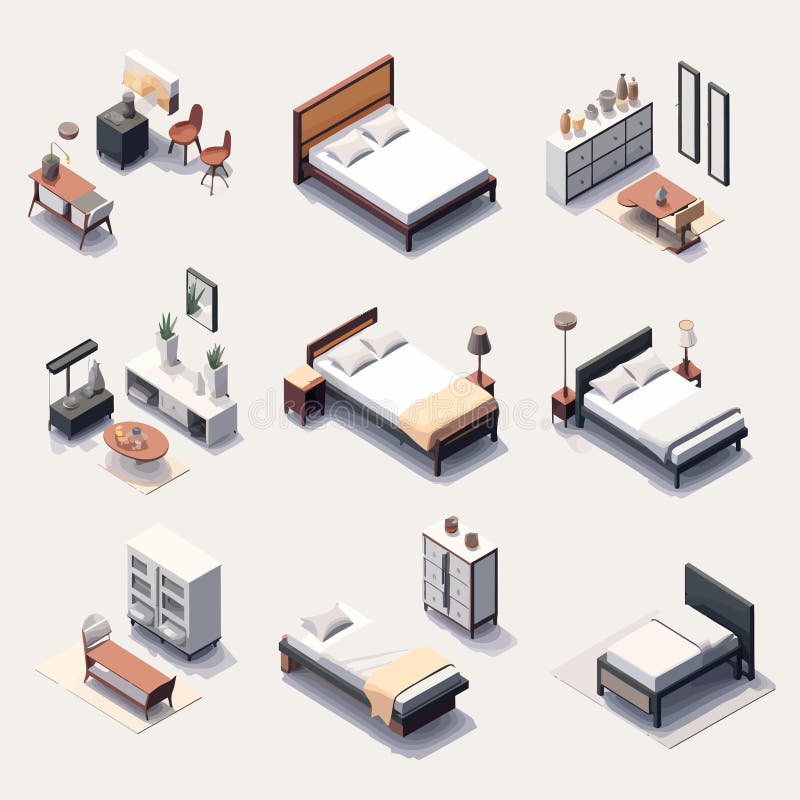 Rooms Set Isometric Vector Flat Minimalistic Isolated Illustration ...