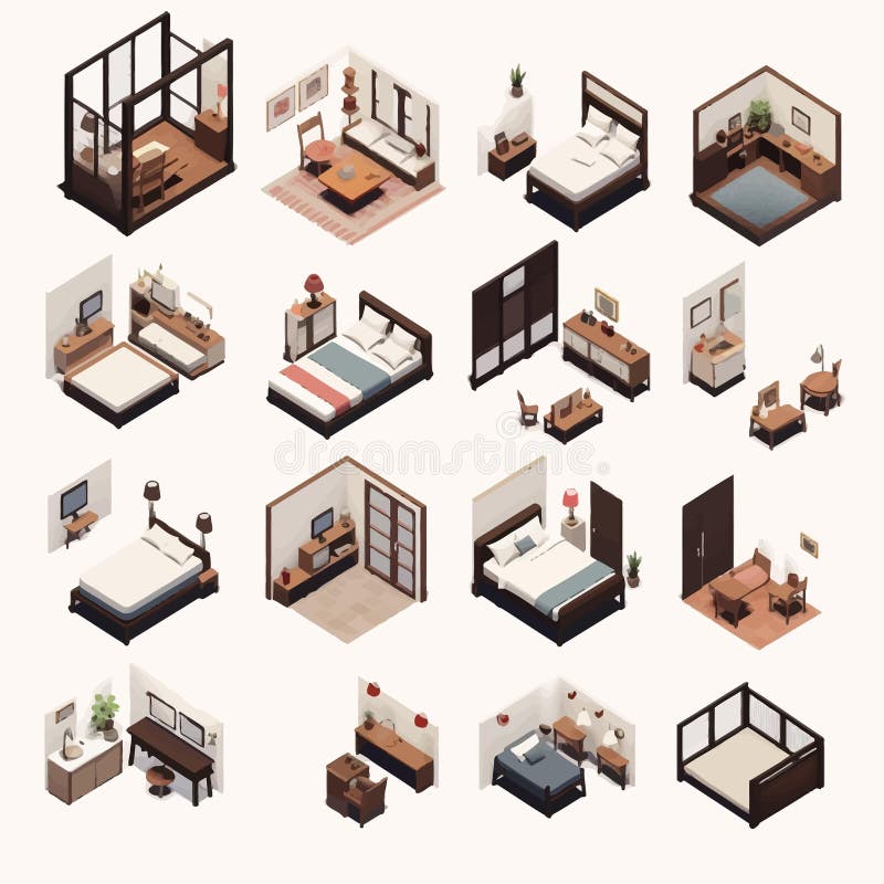 Rooms Set Isometric Vector Flat Minimalistic Isolated Illustration ...