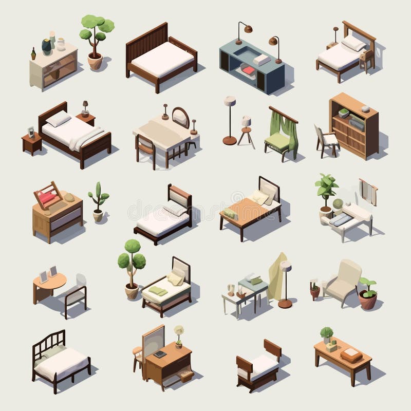 Rooms Set Isometric Vector Flat Minimalistic Isolated Illustration ...