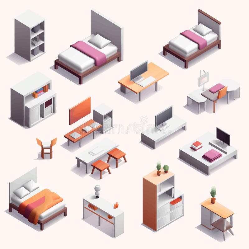 Rooms Set Isometric Vector Flat Minimalistic Isolated Illustration ...