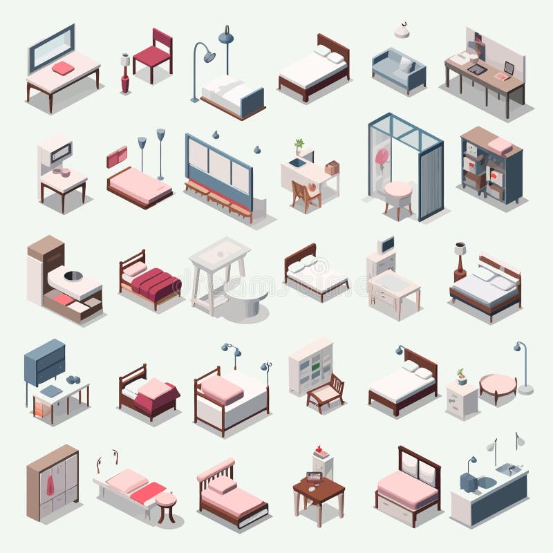 Rooms Set Isometric Vector Flat Minimalistic Isolated Illustration ...