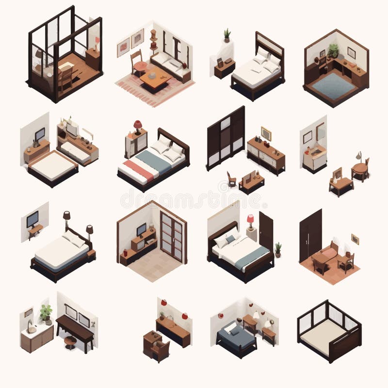 Rooms Set Isometric Vector Flat Minimalistic Isolated Illustration ...