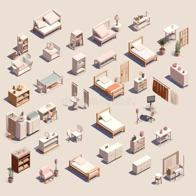 Rooms Set Isometric Vector Flat Minimalistic Isolated Illustration ...