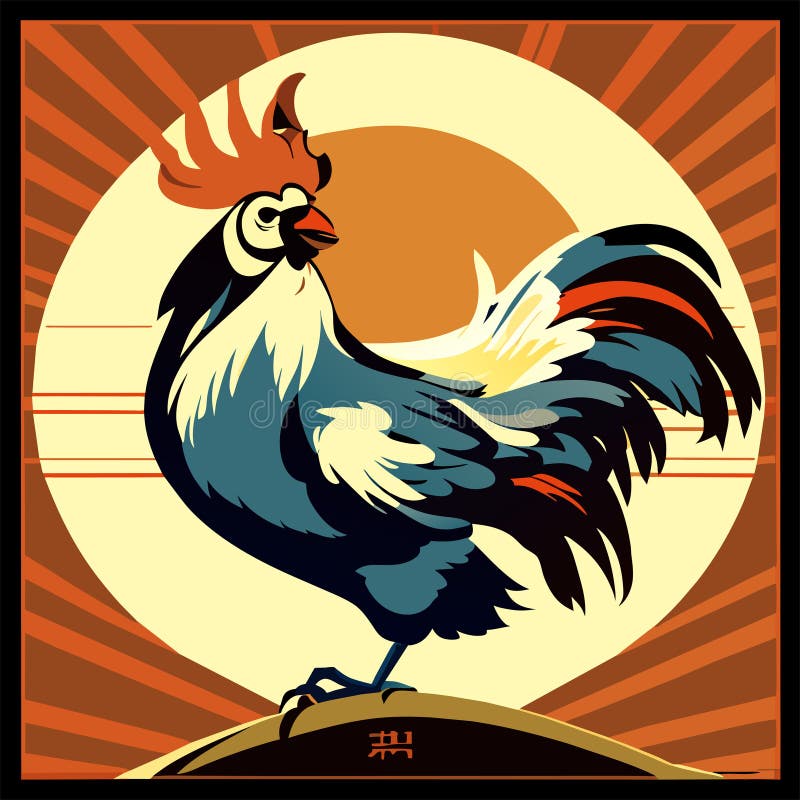 Rooster on the Background of the Sun. Vector Illustration in Retro ...