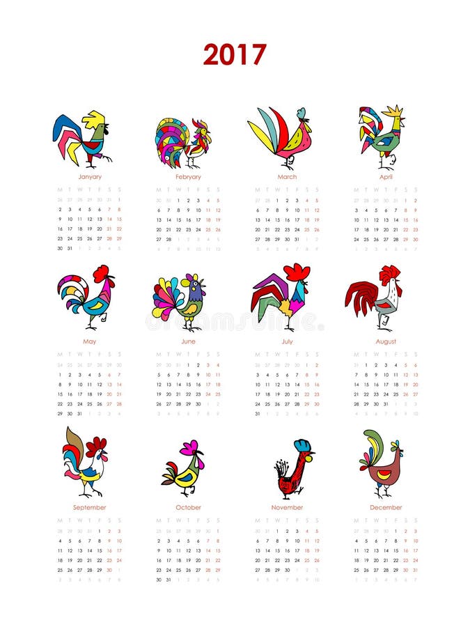 Rooster Calendar 2017 for Your Design Stock Vector - Illustration of ...