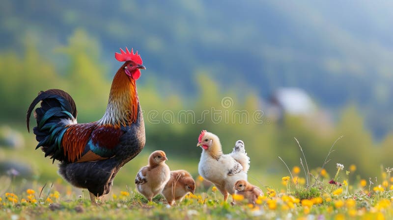 Rooster and Chicks on a Spring Meadow. Stock Photo - Image of animal ...