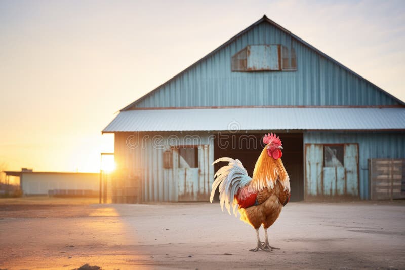 Rooster Crowing at Sunrise Behind a Barn Stock Photo - Image of ...