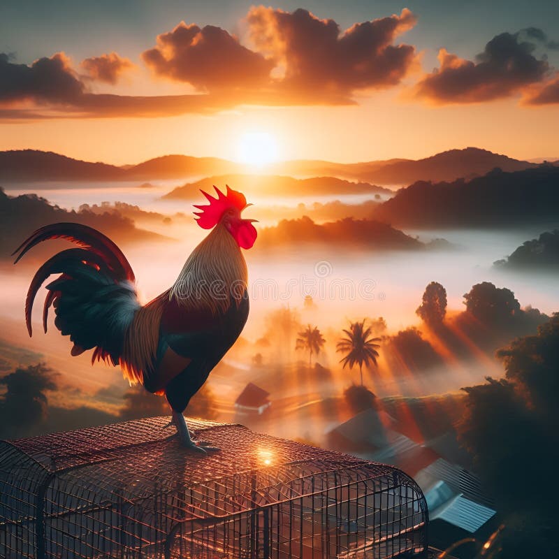 A Rooster Crows when the Sun Rises. Stock Photo - Image of rooster ...