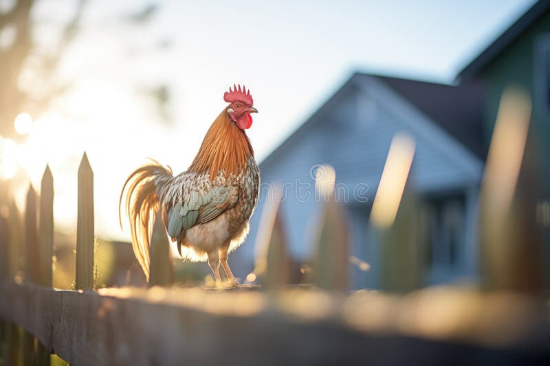 Rooster on Fence Crowing, Sun Behind Stock Photo - Image of fence, farm ...
