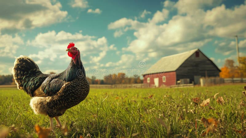 Rooster in a Field Near a Red Barn Stock Illustration - Illustration of ...