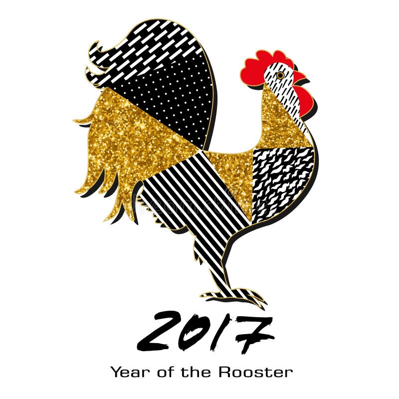 Rooster with Gold Tinsel and Patterns Made by Hand . Symbol of 2017 for ...