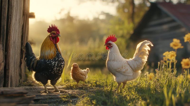 Rooster Hen and Chick at Sunrise on a Farm Stock Illustration ...
