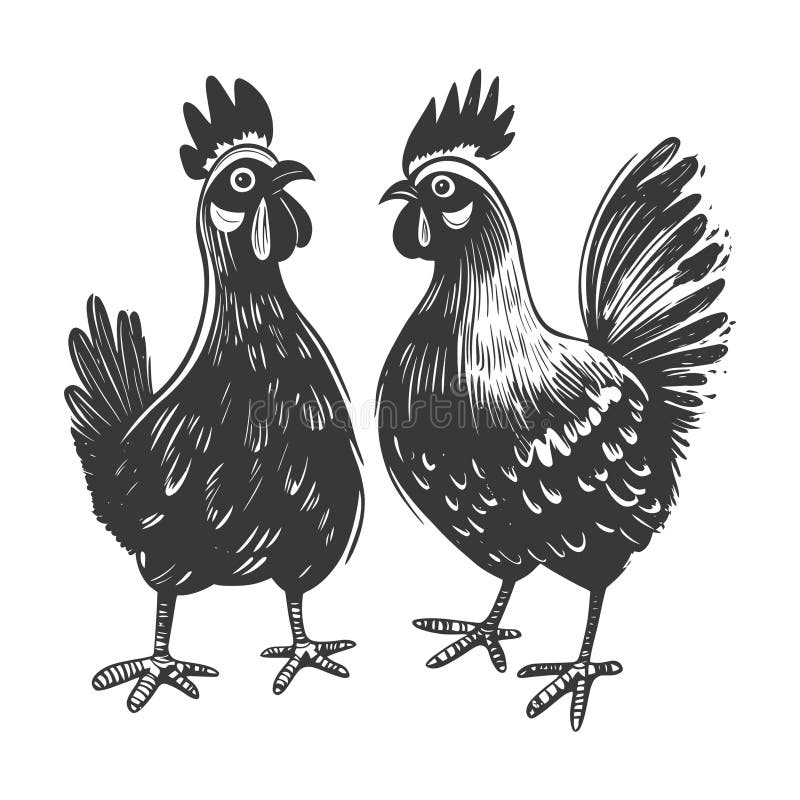 Stylish Hand-Drawn Rooster and Hen Illustration, Perfect for Farm ...