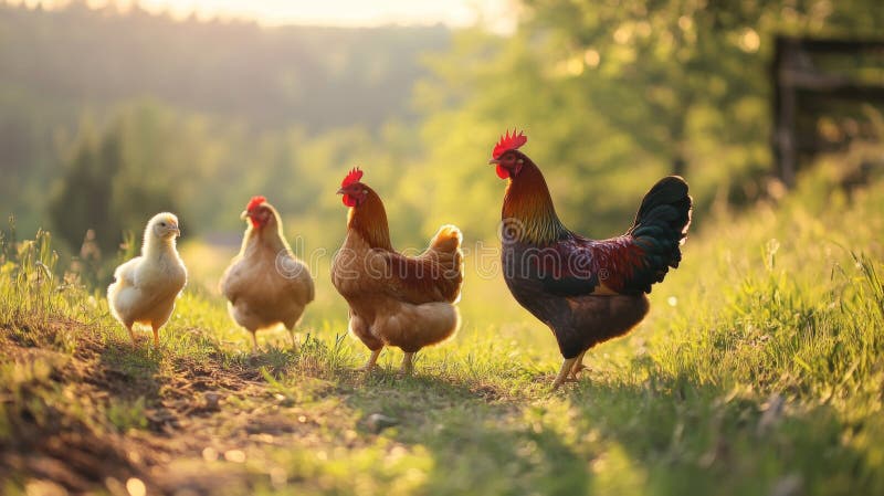 Rooster Hens and Chick in a Farm Setting at Golden Hour Stock ...