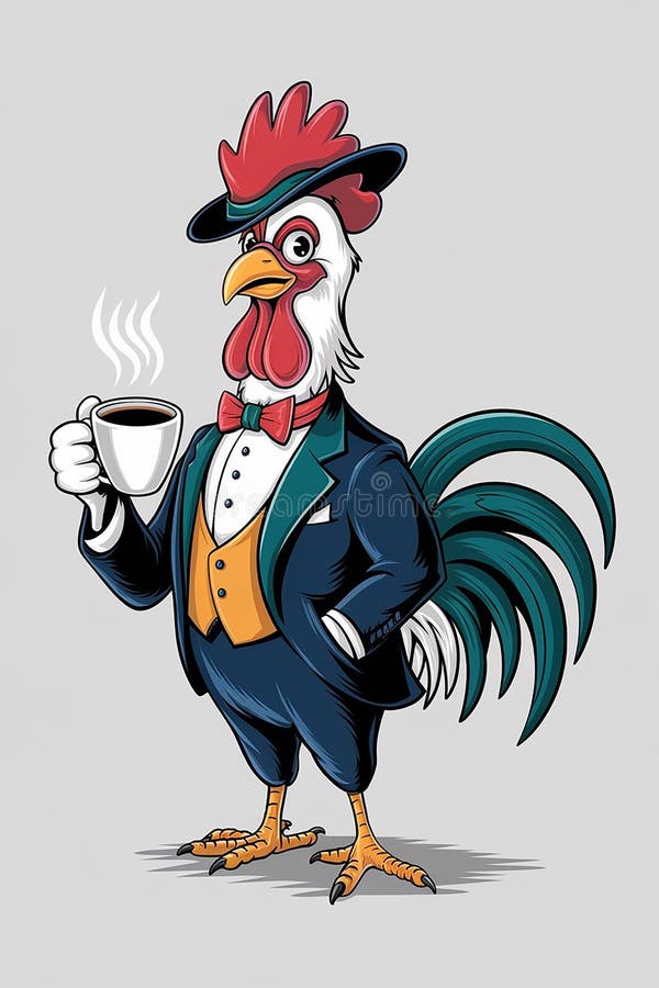The Rooster Offers a Cup of Coffee Stock Illustration - Illustration of ...