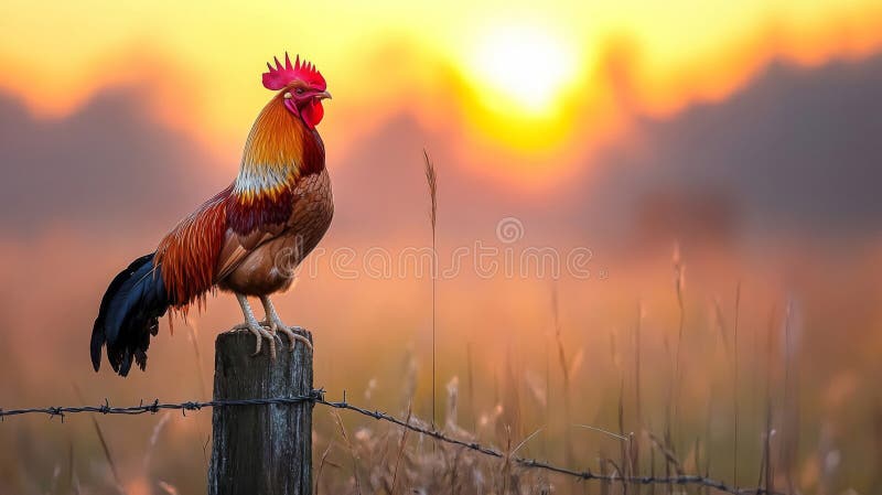 Rooster Perched Atop Fence Post at Sunrise Stock Illustration ...
