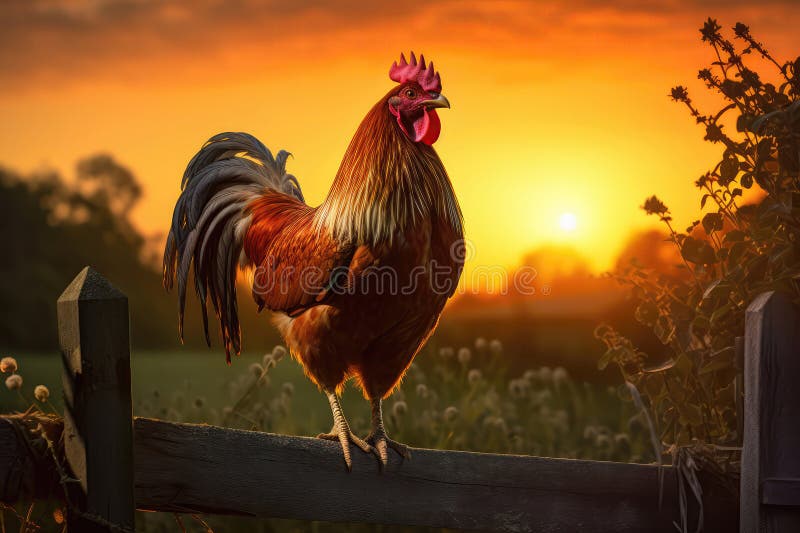 Rooster Perched on Fence at Sunrise, Crowing Proudly. Generative AI ...