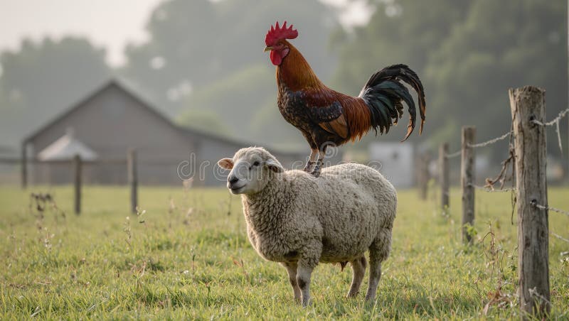 Rooster Perched on Sheeps Back Exuding Royalty in the Barnyard Stock ...