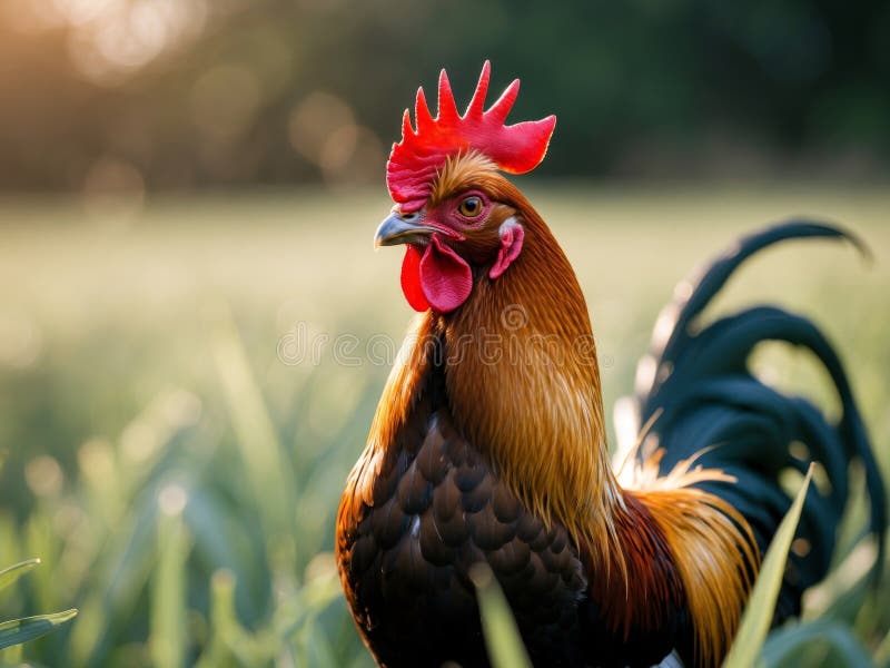 Rooster with a Red Comb and Yellow Crest Standing in a Field Stock ...