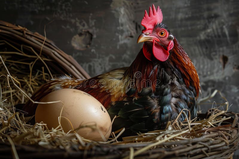 Rooster Sitting in a Basket with Hay and a Large Egg Stock Photo ...
