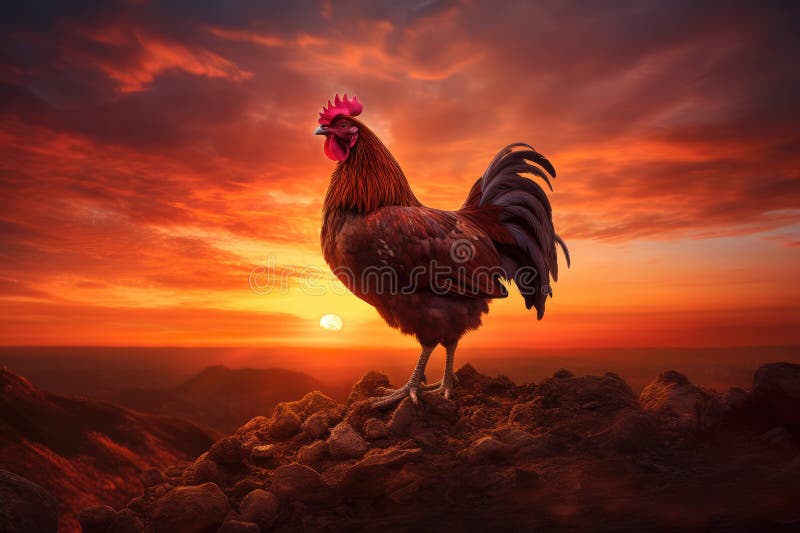 Rooster on the Rock at Sunset,3d Render Illustration, Chicken Sunset ...