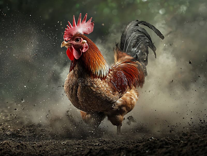 Rooster Running through Dirt, Action Pose, Dramatic Lighting Stock ...