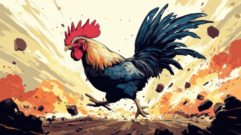 A Rooster Running through a Field of Exploding Rocks, AI Stock Image ...