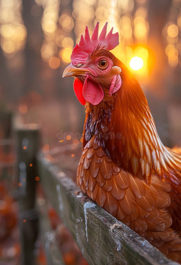 Rooster Sits on Fence in the Rays of the Setting Sun Stock Photo ...