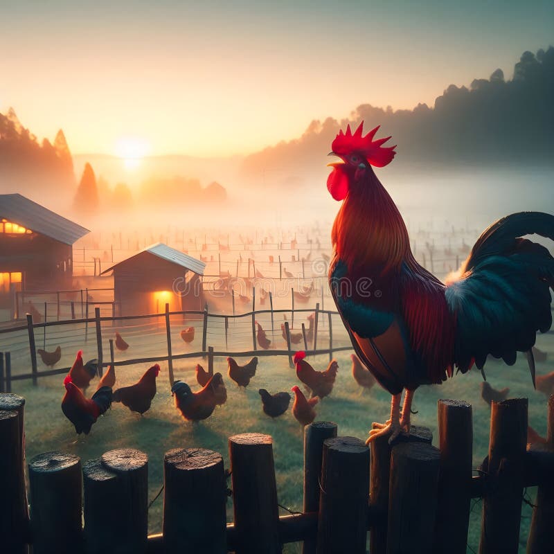Rooster Standing on the Fence of the Farm Crowing Loudly Awakening the ...