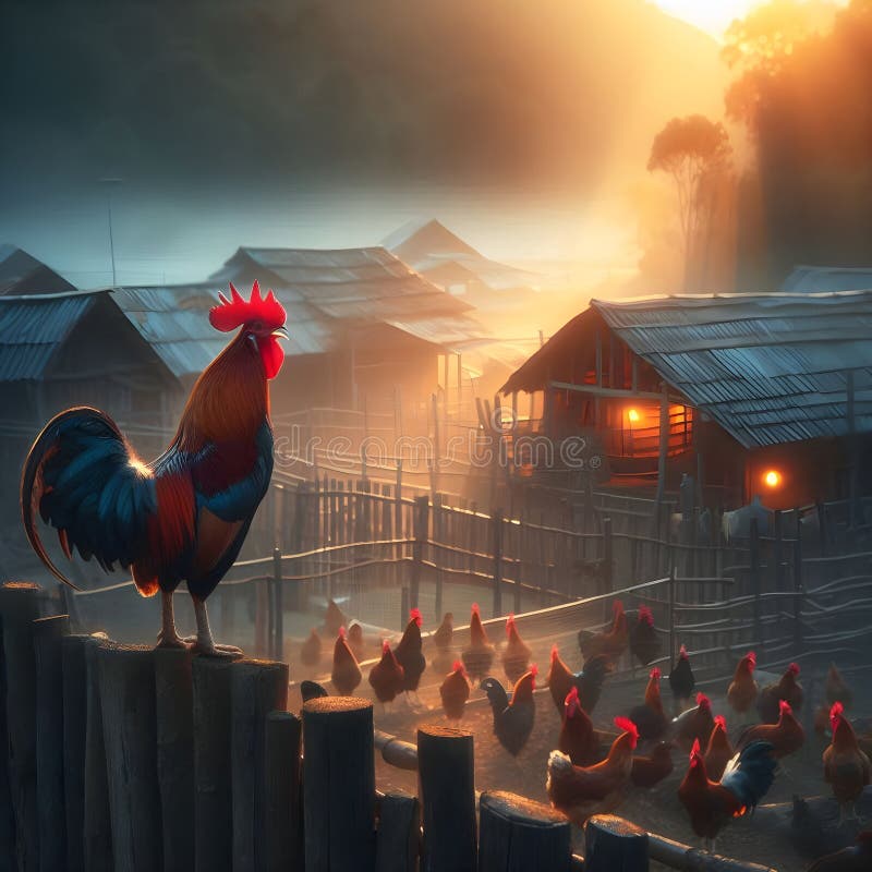 Rooster Standing on the Fence of the Farm Crowing Loudly Awakening the ...