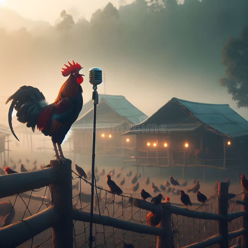 Rooster Standing on the Fence of the Farm Crowing Loudly Awakening the ...