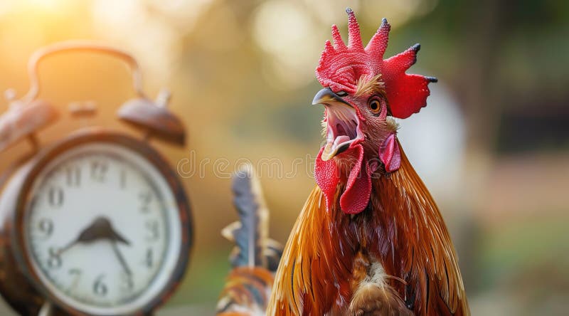 A Rooster is Standing in Front of a Clock with Its Beak Open. Concept ...