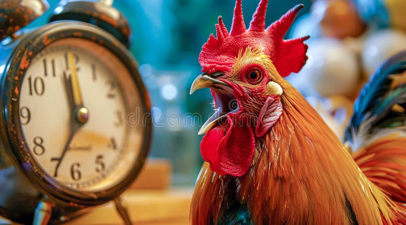A Rooster is Standing in Front of a Clock with Its Beak Open. Concept ...