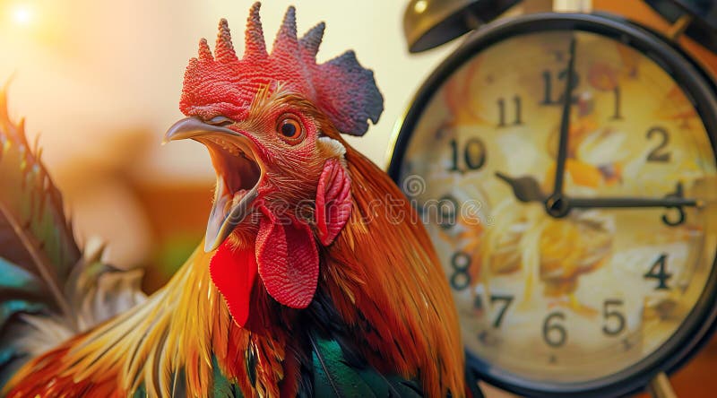 A Rooster is Standing in Front of a Clock with Its Beak Open. Concept ...