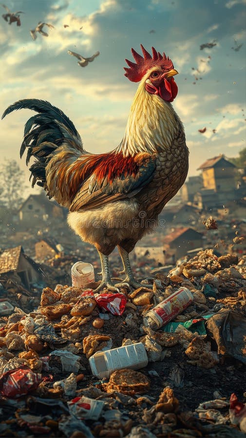 Rooster Standing on a Pile of Garbage and Discarded Fast-food ...