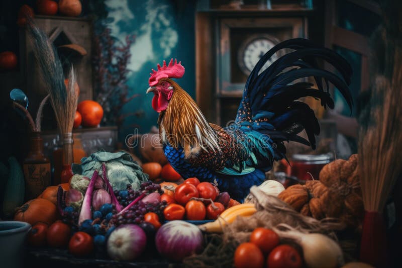 A Rooster Standing on Top of a Pile of Fruit and Vegetables. AI ...