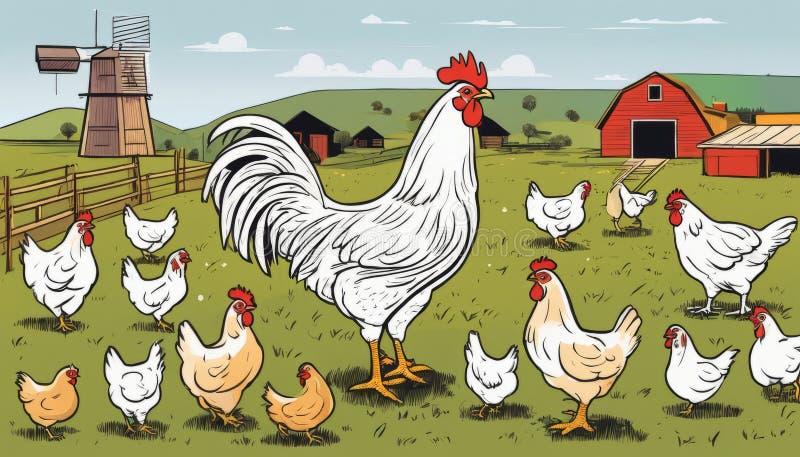 A Rooster Stands in Front of a Flock of Chickens Stock Illustration ...
