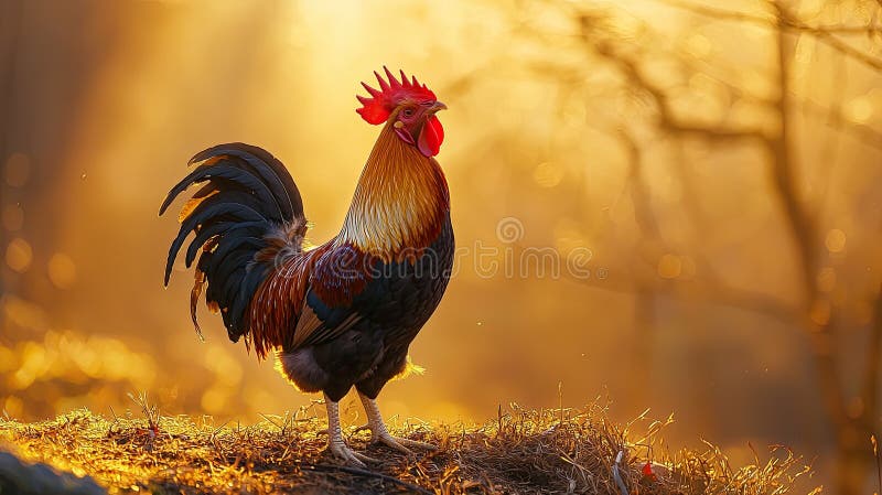 A Rooster Stands in the Morning Sunlight Stock Photo - Image of orange ...