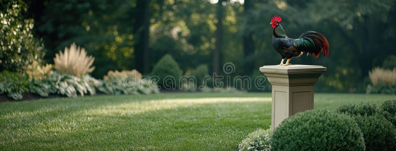 Rooster Stands Proudly on a Rustic Wooden Post As Sunlight Warms the ...