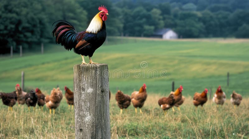 Rooster Stands Proudly on a Rustic Wooden Post As Sunlight Warms the ...