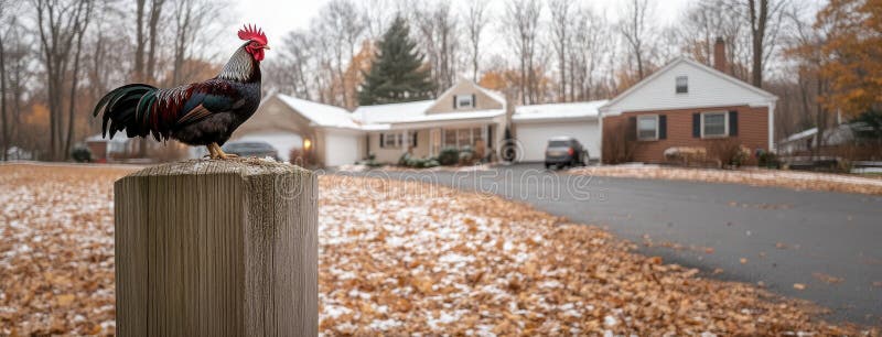 Rooster Stands Proudly on a Rustic Wooden Post As Sunlight Warms the ...