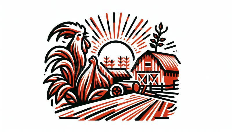 Rooster at Sunrise on a Red Barn Farm Stock Illustration - Illustration ...